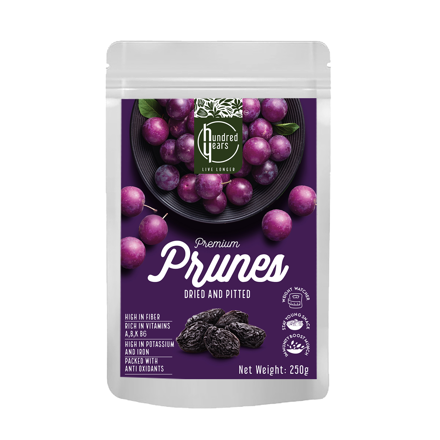 Premium Prunes from HundredYears come packed with health benefits.